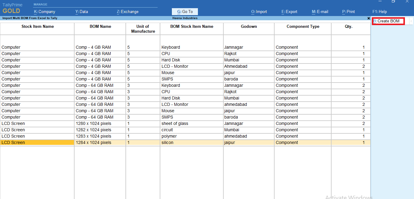 289 Import Bill Of Material Of Stock Item From Excel To Tally